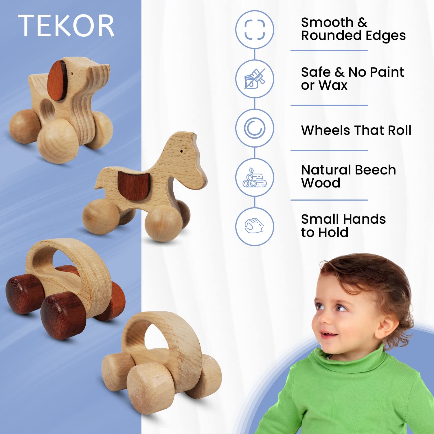 TEKOR Wooden Animal Push Toy with Wheels | Baby & Toddler | Grasping & Teething | Natural Organic Beech Wood | Develops Fine Motor Skill | Coordination | Smooth No Rough Edges | (Package of 4 Toys)