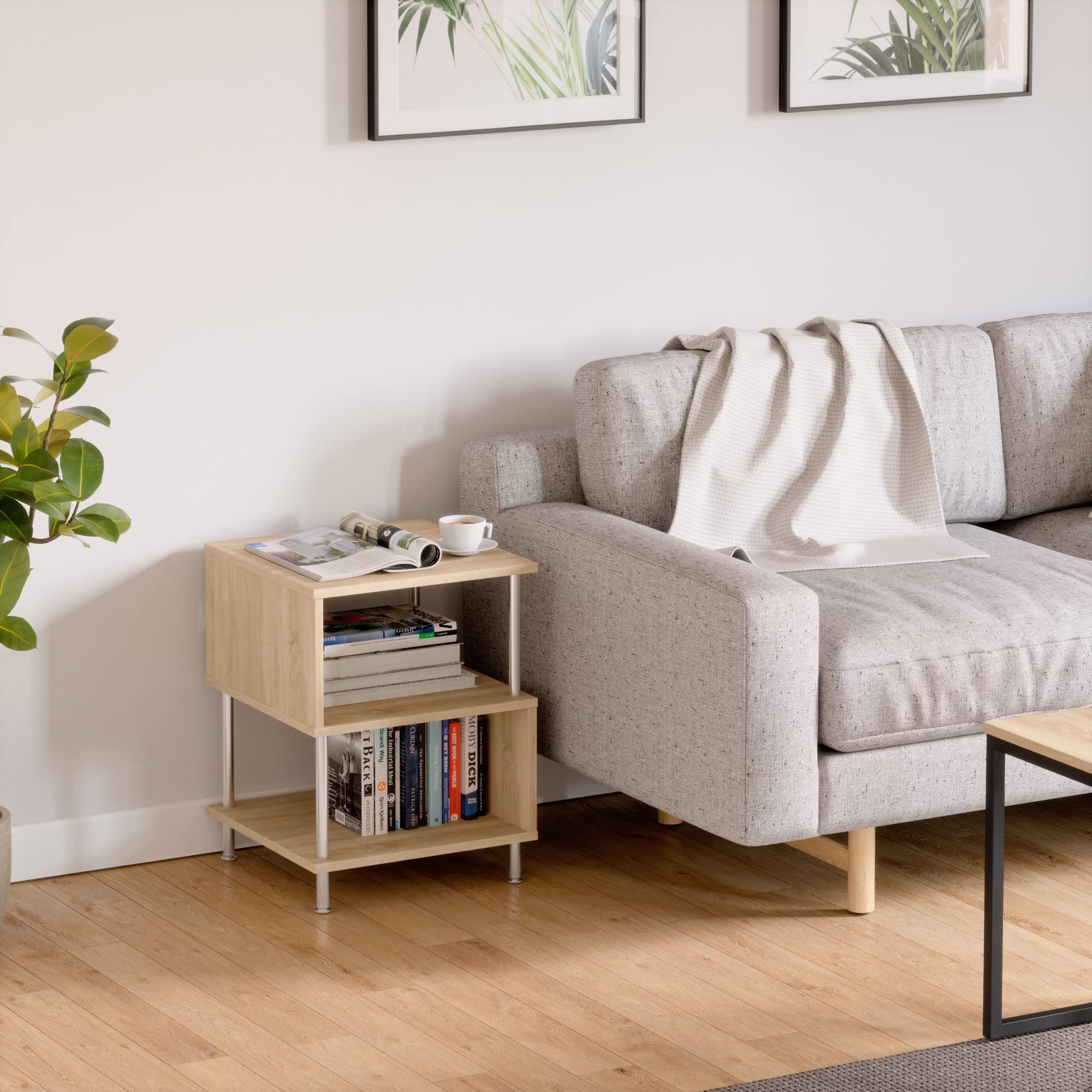 Bestier Night Stand, End Table S-Shaped Side Table with Storage Shelf, 3 Tier Sofa Table for Living Room, Bedside Tables for Bedroom, Small Tables for Small Spaces (Light Oak, 15.8 Inch)