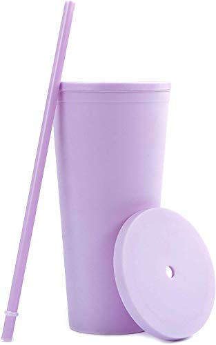 Tumblers with Lids (4 pack) 22oz Pastel Colored Acrylic Cups with Lids and Straws | Double Wall Matte Plastic Bulk Tumblers With FREE Straw Cleaner! Vinyl Customizable DIY Gifts