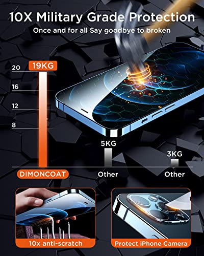 DIMONCOAT [4+2]Pack [Auto Alignment Kit] Screen Protector Compatible iPhone 12 Pro Max 6.7'' with Camera Lens Protector 10X Military Protection 12 Pro Max Diamonds Hard Tempered Glass Film Bubble Free