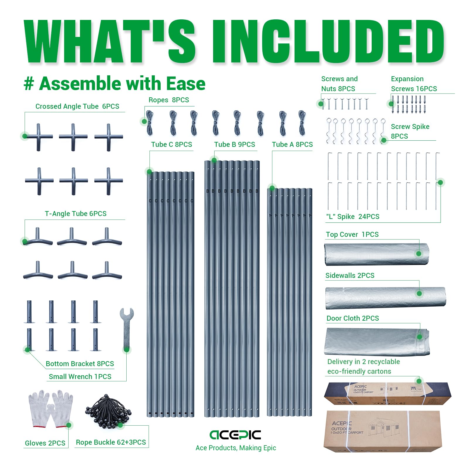 Acepic Carport (Grey, 12x20FT)