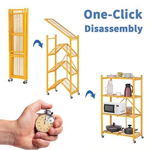 ShanSon Storage Shelves with Wheels 4 Tier Heavy Duty Foldable Metal Rack Storage Shelving Units for Garage Kitchen,Yellow