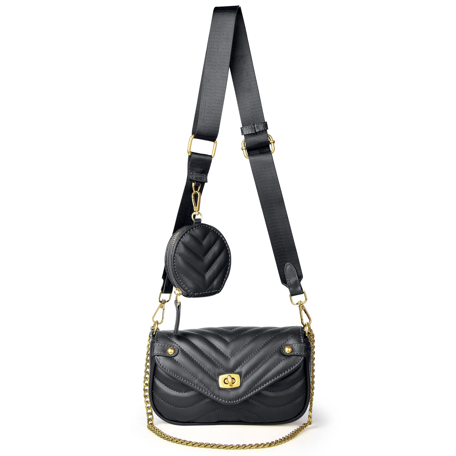 Small Quilted Crossbody Bags for Women Trendy Designer PU Leather Shoulder Bag with Coin Purse Sets Metal Chain Clutch (Black)