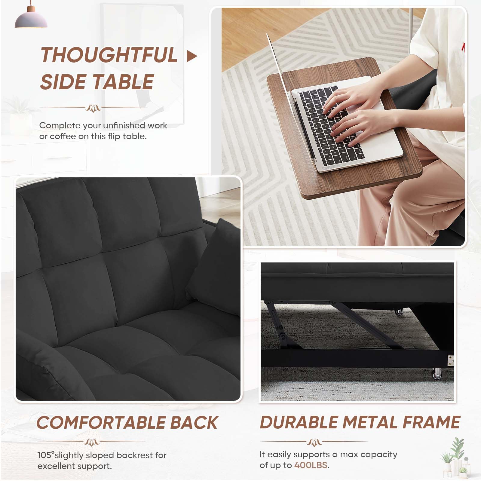 Antetek 3 in 1 Convertible Sofa Bed w/360° Rotating Side Table, 47" Modern Velvet Loveseat Sofa, Small Sleeper Pullout Bed w/Adjustable Backrest for Living Room Apartment, Office, Small Space, Black