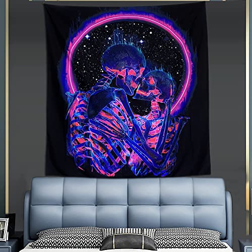BIECWIAY Skull Kiss Lover Blacklight Tapestry for Bedroom Tapestry UV Reactive Fantasy Skeleton Trippy Tapestry Black Light Tapestry Aesthetic Wall Hanging for Room Home Decor