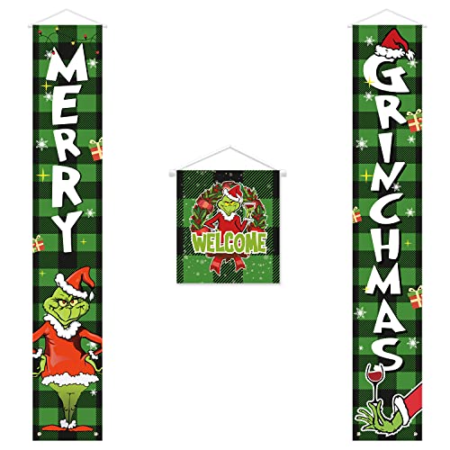 Christmas Banner, Christmas Porch Decorations Sign, 3 PCS Christmas Door Banner Decorations, Indoor/Outdoor Christmas Decorations, Christmas Banners for Party Front Porch Fireplace Wall