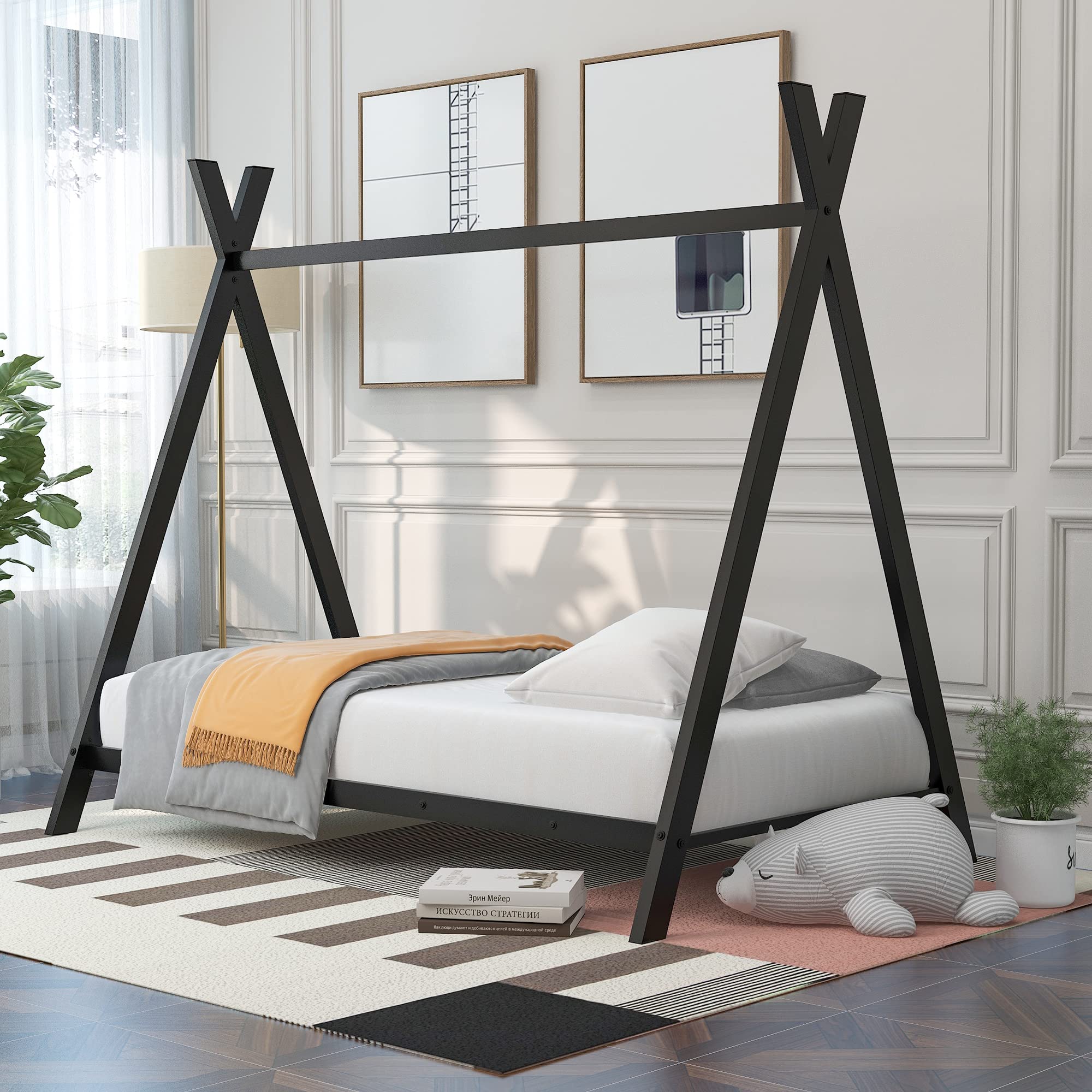 CITYLIGHT House Twin Bed for Kids, Metal Tent Bed with Slat, Toddler Twin House Bed, Montessori Floor Beds for Kids Boys Girls Teens(Twin, Black)