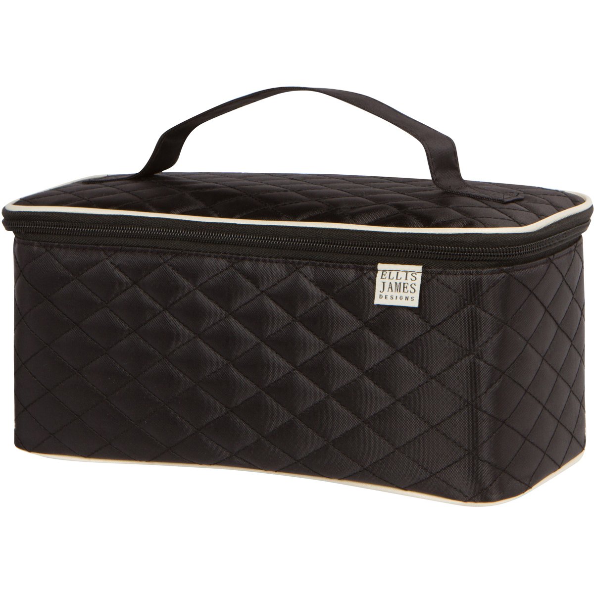 Ellis James Designs Large Travel Makeup Bag Organizer - Cosmetics Train Case Toiletry Bags for Women - Black - With Handle & Make Up Brush Holders - Professional Hair Dryer Cases & Beauty Storage