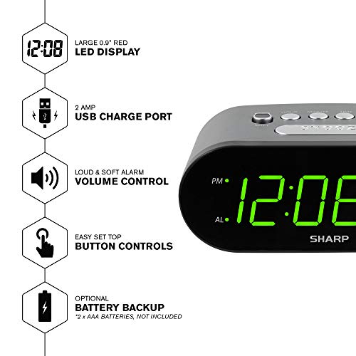 SHARP Digital Easy to Read Alarm Clock with 2 AMP High-Speed USB Charging Power Port - Charge Your Phone, Tablet with a high Speed Charge! Simple, Easy to Use Operation, Black β Green LEDs