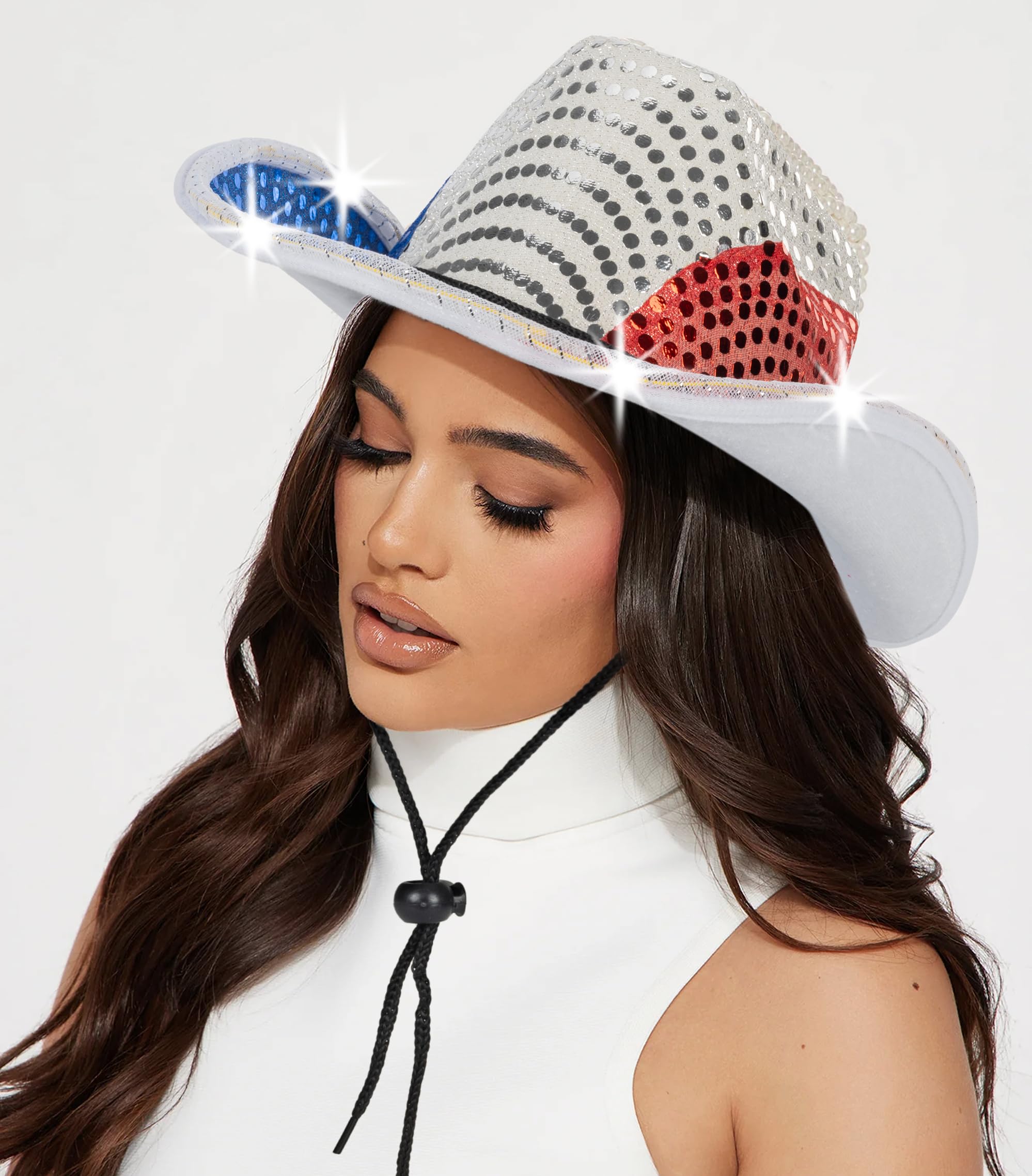 American Flag Cowboy Hat Usa Red Blue White Cowgirl Hat Neon Sequins Hat for July 4th Independence Day