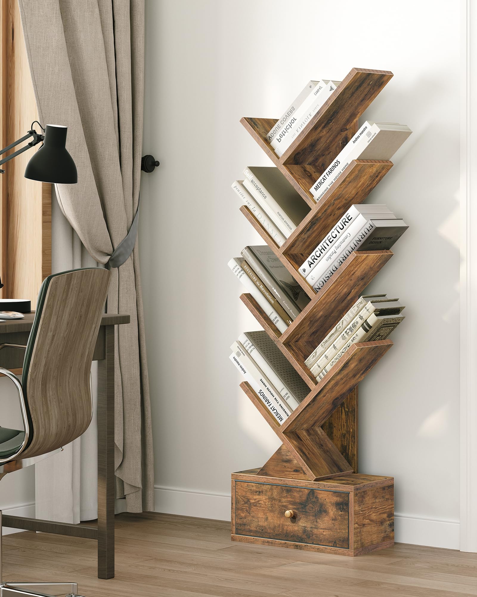 Yzosvki 9 Tier Tree Book Shelf with Drawer, Floor Standing Bookshelf Storage Organizer Bookshelves for Books/CDs, 9 Shelf Narrow Bookcase for Sturdy Room, Bedroom, Living Room, Rustic Brown