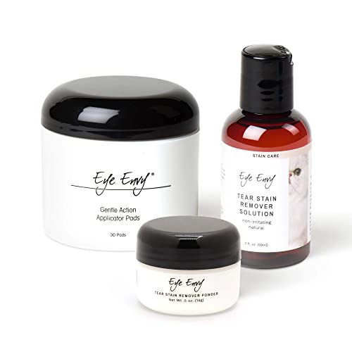 Eye Envy Cat Tear Stain Remover Starter Kit | Tear Stain Essentials in one kit at a 2-Step System | Lasts 30-45 Days | Solution 2 fl.oz, Applicator Pads 30 Count and Powder 0.5oz