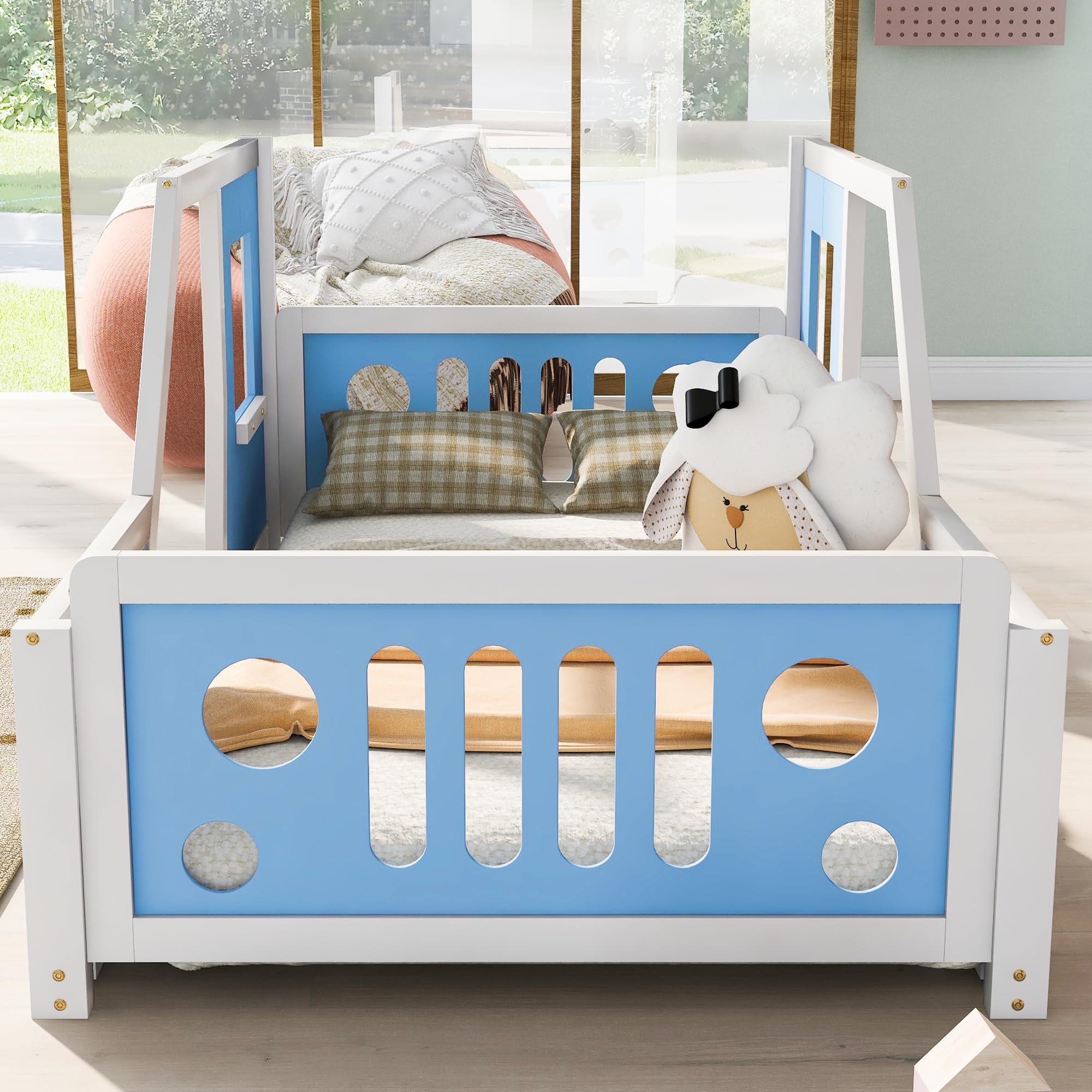 Acosure Twin Size Classic Car-Shaped Platform Bed with Wheels,Headboard and Footboard,Bedroom Wood Bed Frame W/No Box Spring Required,Easy to Assemble,for Kids Teens Girls Boys,Blue