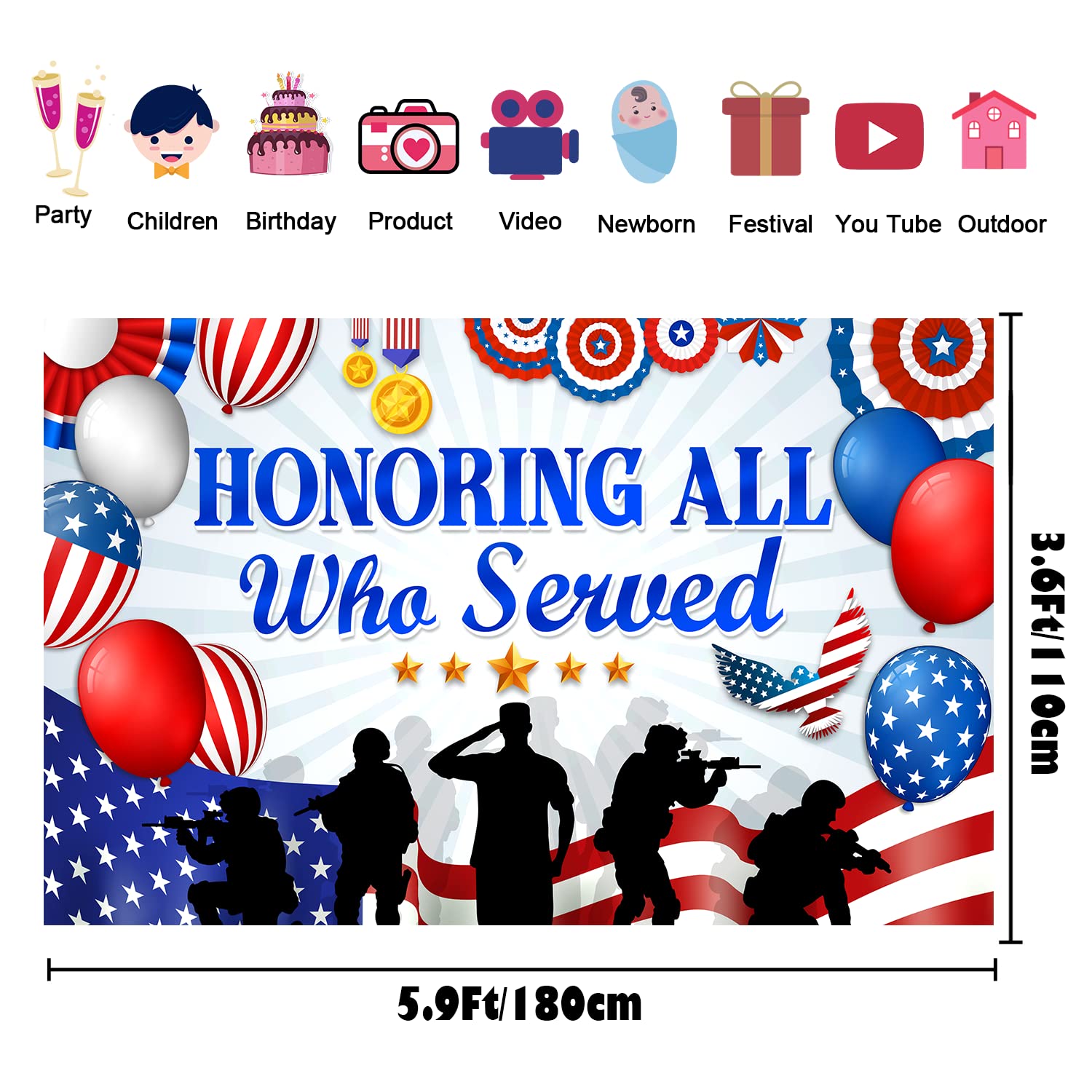 Large 71" X 43" Veterans Day Banner, Veterans Day Decorations, Honoring All Who Served Veterans Day Banner, Thank You Veterans Banner for Veterans Day Party