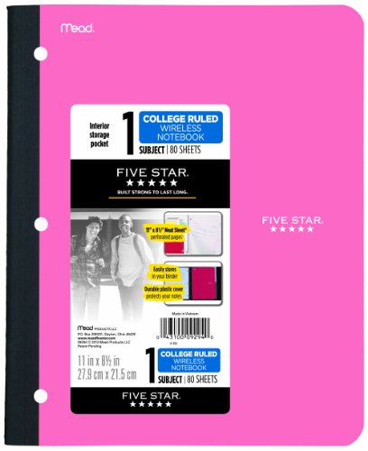Five Star Bound Notebook with Pocket, 1 Subject, College Ruled Paper, 80 Sheets, 11" x 8-1/2", Color Selected For You, 1 Count (09294)
