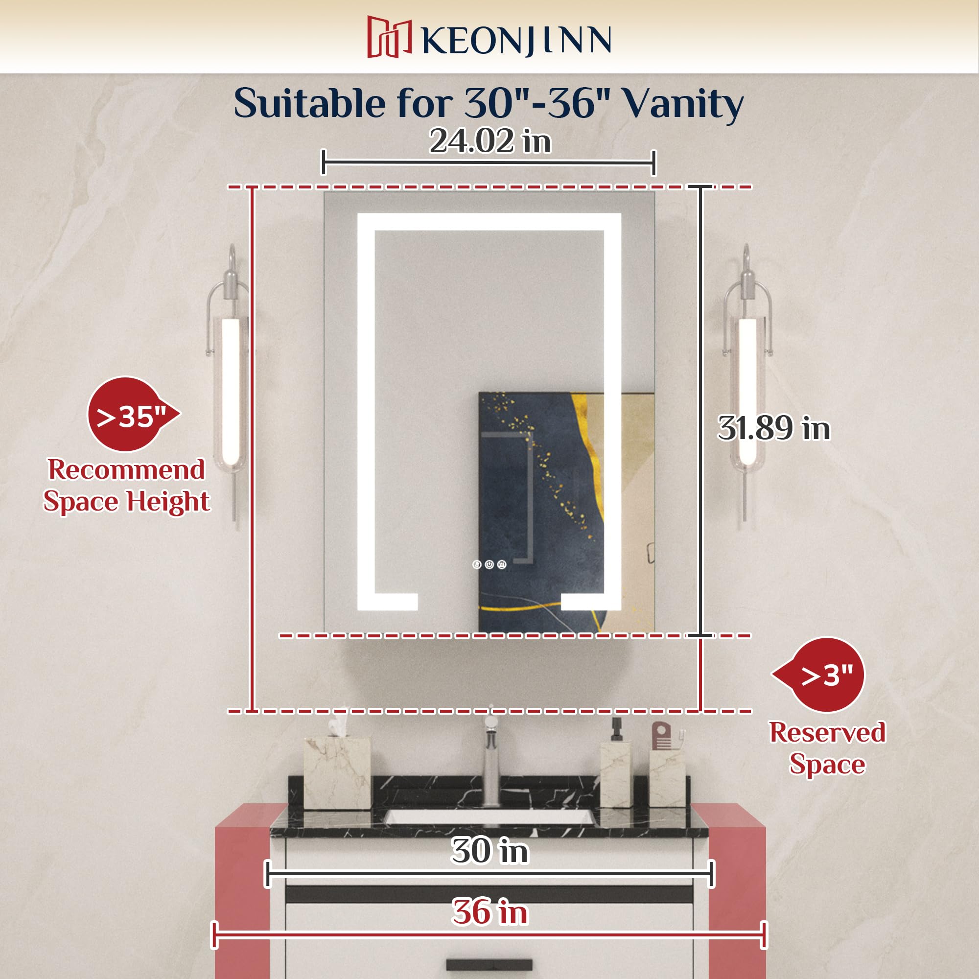 Keonjinn 24 x 32 LED Medicine Cabinet for Bathroom with Light Adjustable Shelves Electrical Outlet Dimmable Defogging 3 Color Light Tempered Glass LED Vanity Mirror with Storage Recessed/Surface Mount