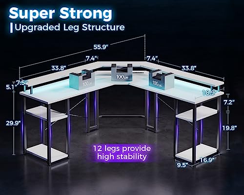 Coleshome L Shaped Gaming Desk with LED Lights & Power Outlets, Reversible 56" Computer Desk with Full Monitor Stand & Storage Shelves, Ergonomic Home Office Corner Desk, White