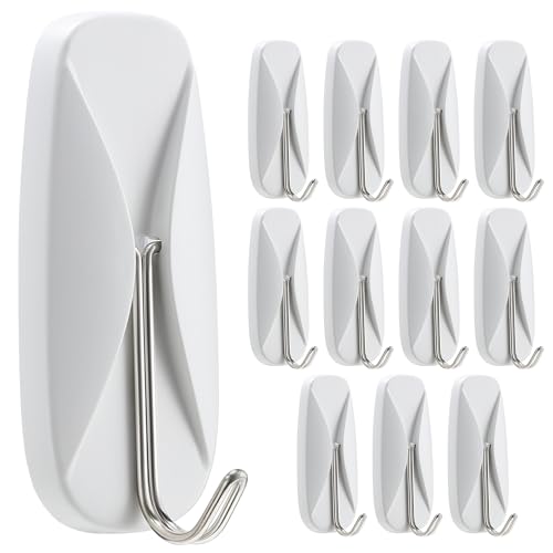 ALOCEO Kitchen Wall Hooks, No Damage Sticker Hooks, Plastic Hooks for Shower, Bathroom, Removable Hooks for Hanging up to 2.2 lbs, 12 White Hooks and 13 Adhesive Strips