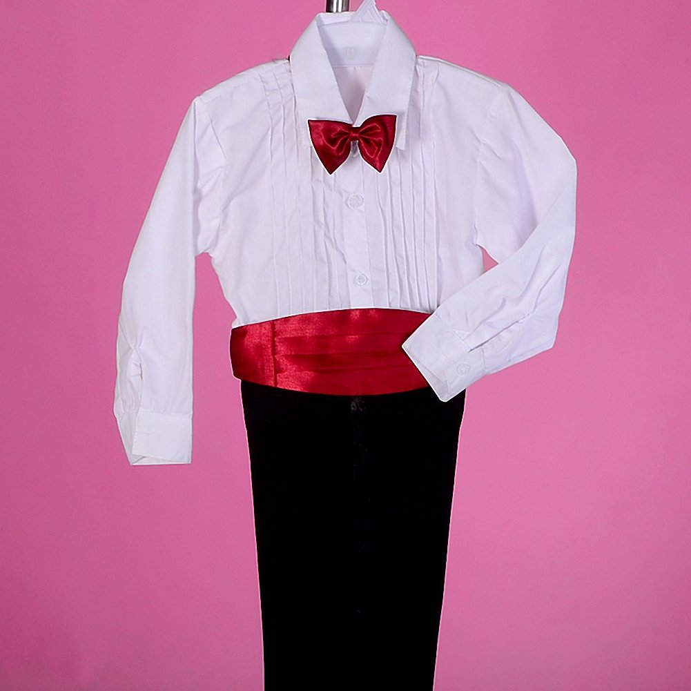 Dressy Daisy Baby Boy Tuxedo Black Suit 5 Pieces Set Formal Wear Wedding Outfit Size 18-24 Months, with Red Cummerbund
