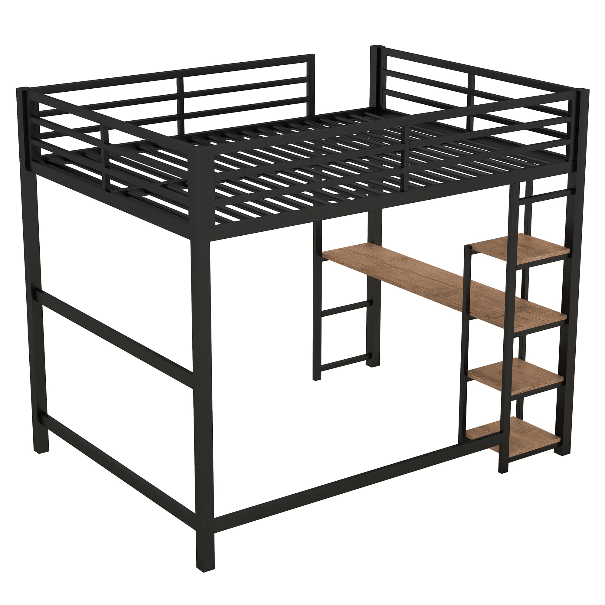 Harper & Bright Designs Full Size Loft Bed with Upper Grid Storage Shelf, Metal Full Loft Bed with Storage Stairs, Space Saving High Loft Bed for Teens Boys Girls,No Box Spring Needed, White
