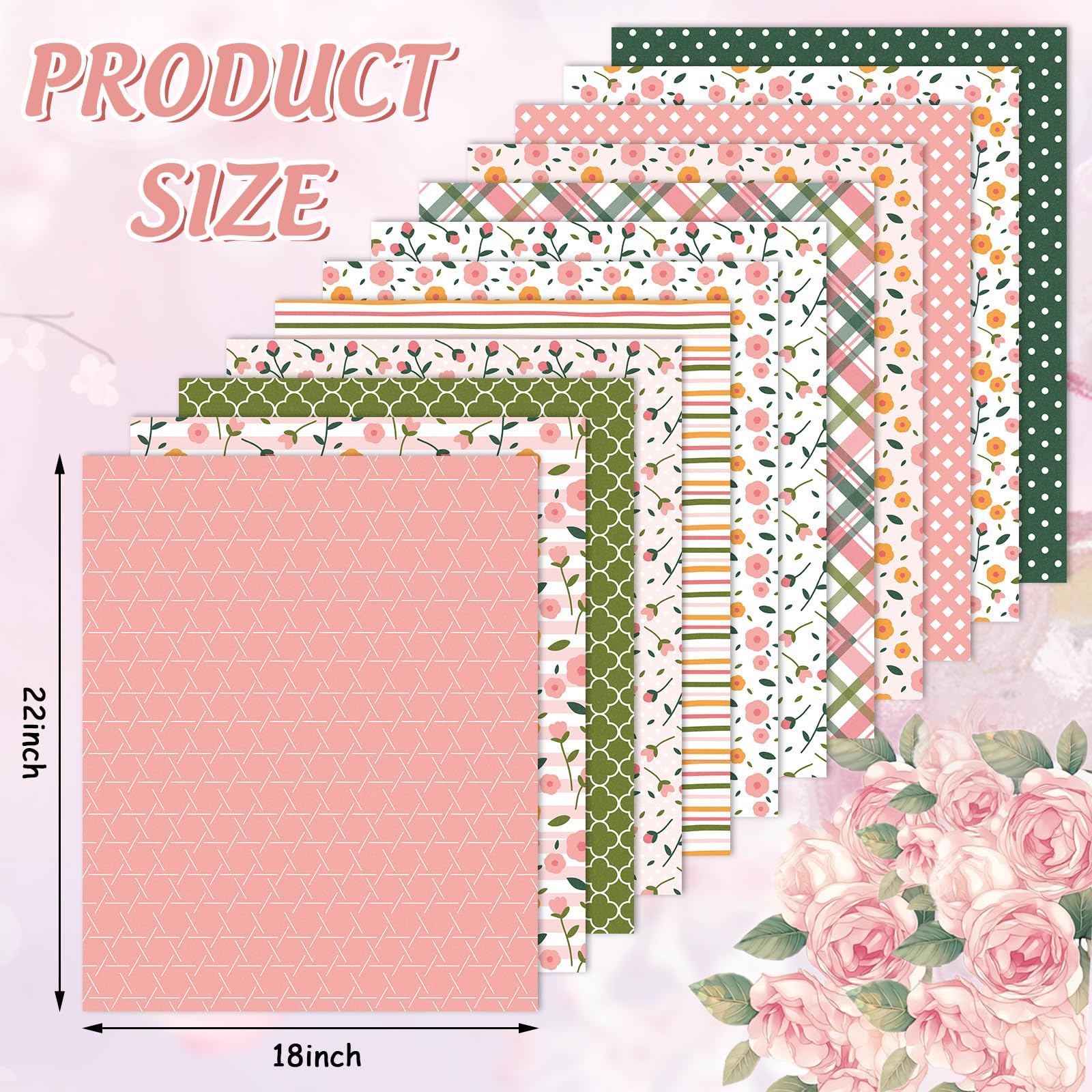 JarThenaAMCS 12Pcs Cotton Fabric Bundles Pink Green Floral Gingham Stripe Dot Fat Quarters Retro Quilting Patchwork for Spring DIY Craft Home Party Decor, 18 x 22 Inch