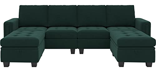 Belffin Velvet U Shaped Sectional Sofa Couch with Storage Ottoman Convertibel Sectional Sofa with Reversible Chaises Green