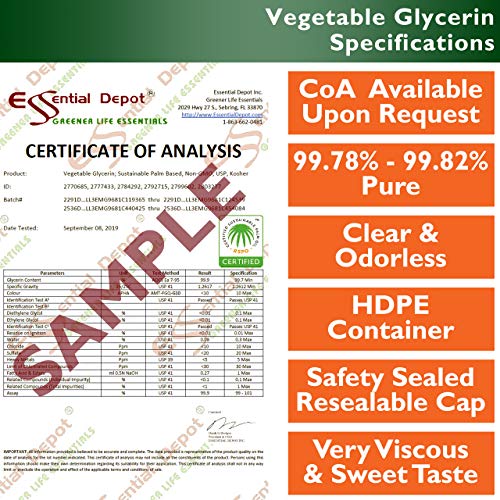 Glycerin Vegetable - 1 Gallon (10.75 lbs or 172oz net wt) - Non GMO - RSPO - Sustainable Palm Based - USP - Kosher - Pure - Pharmaceutical Grade - Safety Sealed HDPE Container with resealable Cap