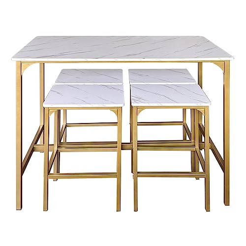 AT-VALY 5-Piece Bar Table Set with 4 Stools,Dining Room Table Set,Small Spaces (Gold & White)
