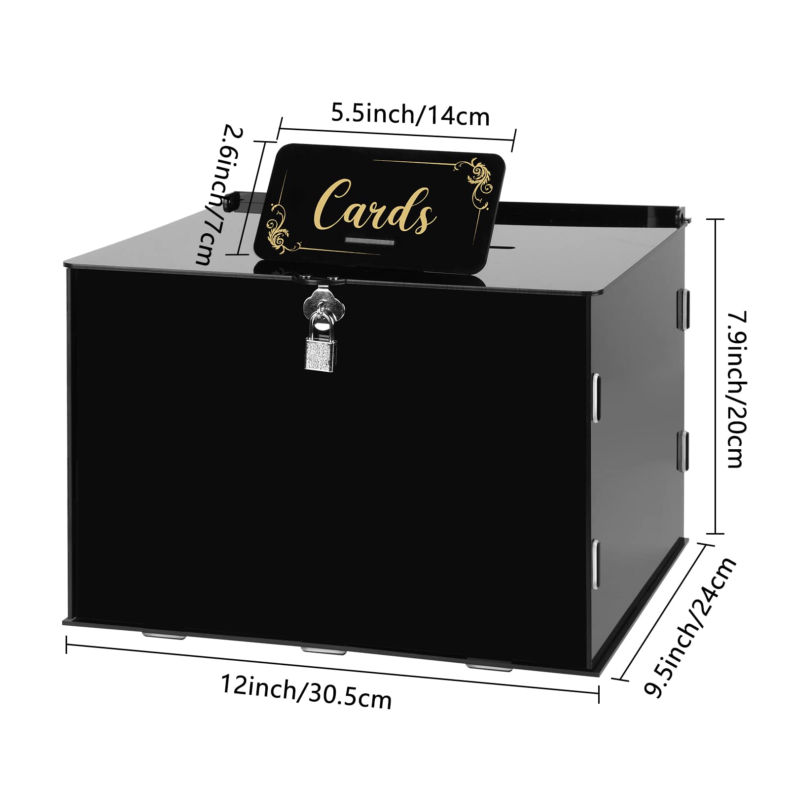 Fowecelt Black Acrylic Wedding Card Box with Lock, Rustic Card Box for Wedding Reception Bridal Shower Birthday Baby Shower Graduation