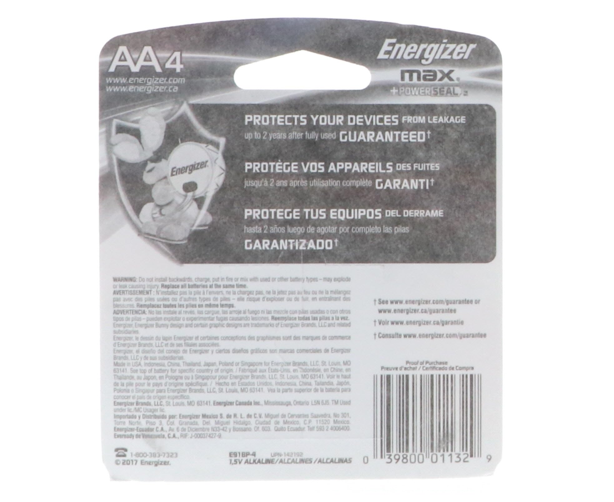 Energizer EVEE91BP4 Max Batteries - AA - Pack of 4, 0.5" Height, 3.25" Width