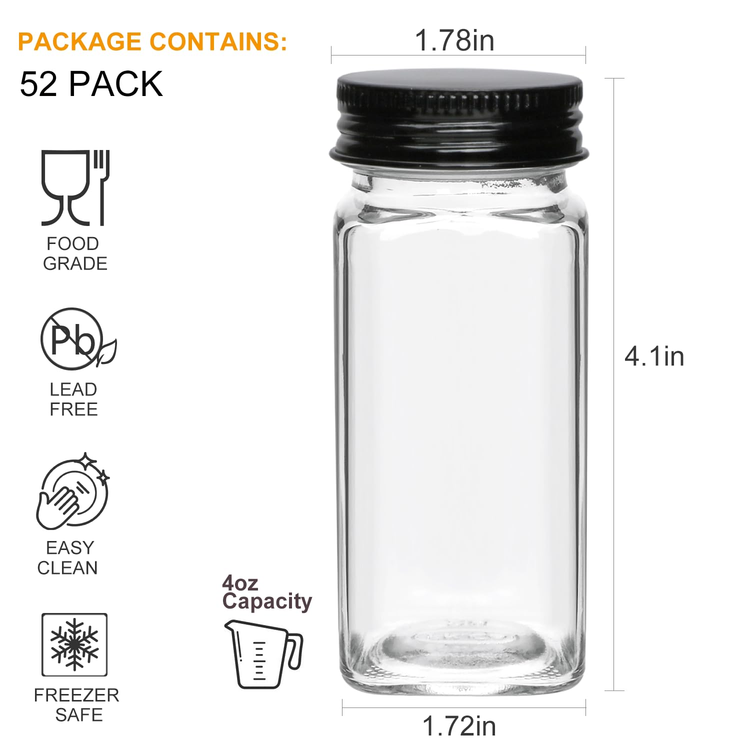 Accguan Spice Jars,4oz Glass Spice Bottles with Black Lids,Spice Labels and Stylus and Funnel, Perfect for Kitchen Countertop Storage,Cabinet Storage, Dining Room, and Gifts(52pcs)