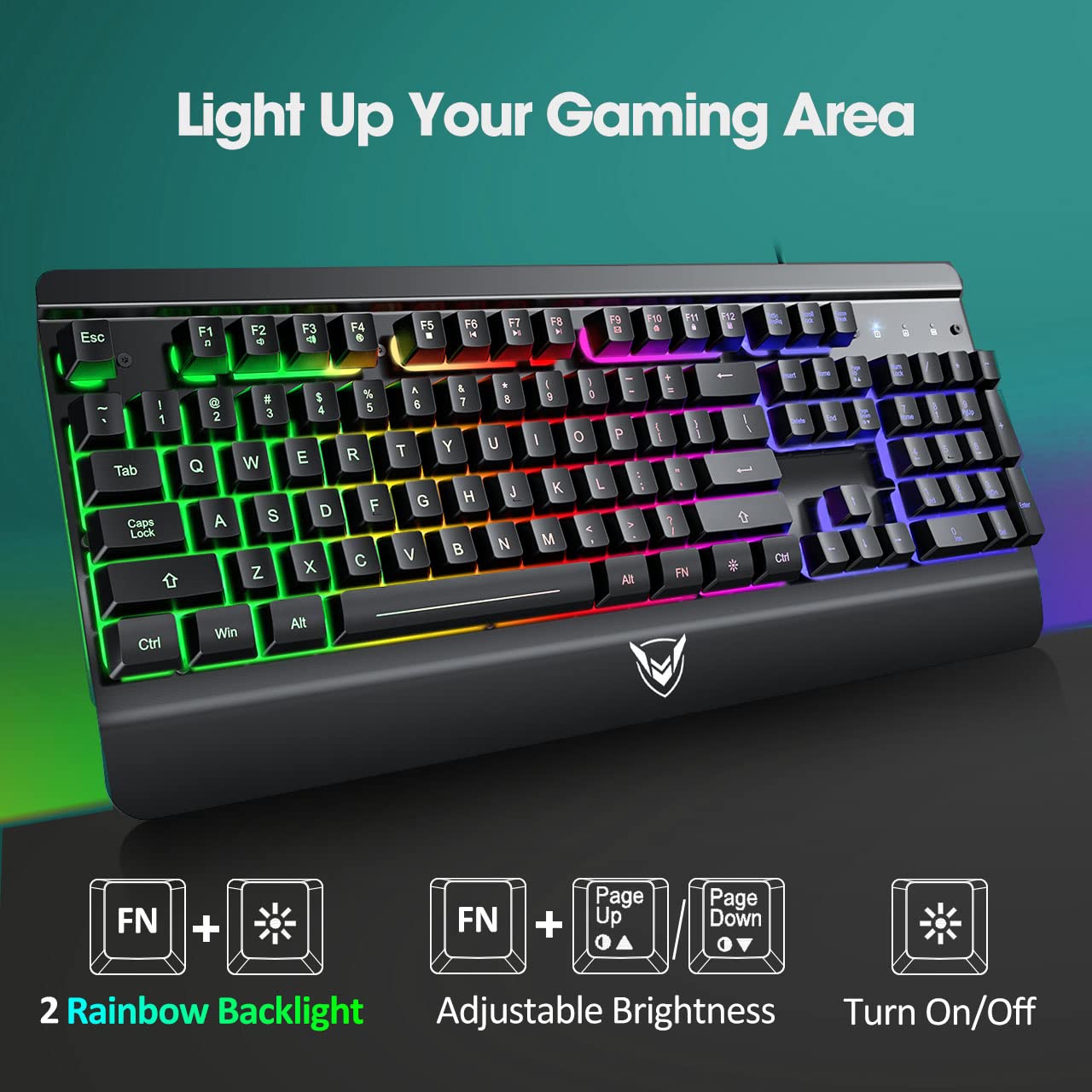 Alorsay Upgraded Gaming Keyboard, Wired RGB Keyboard USB with LED Light, BacklitMembrane Keyboard with Wrist Rest, Spill-Resistant/19 Keys Roll-Over/12 Multimedia Shortcuts