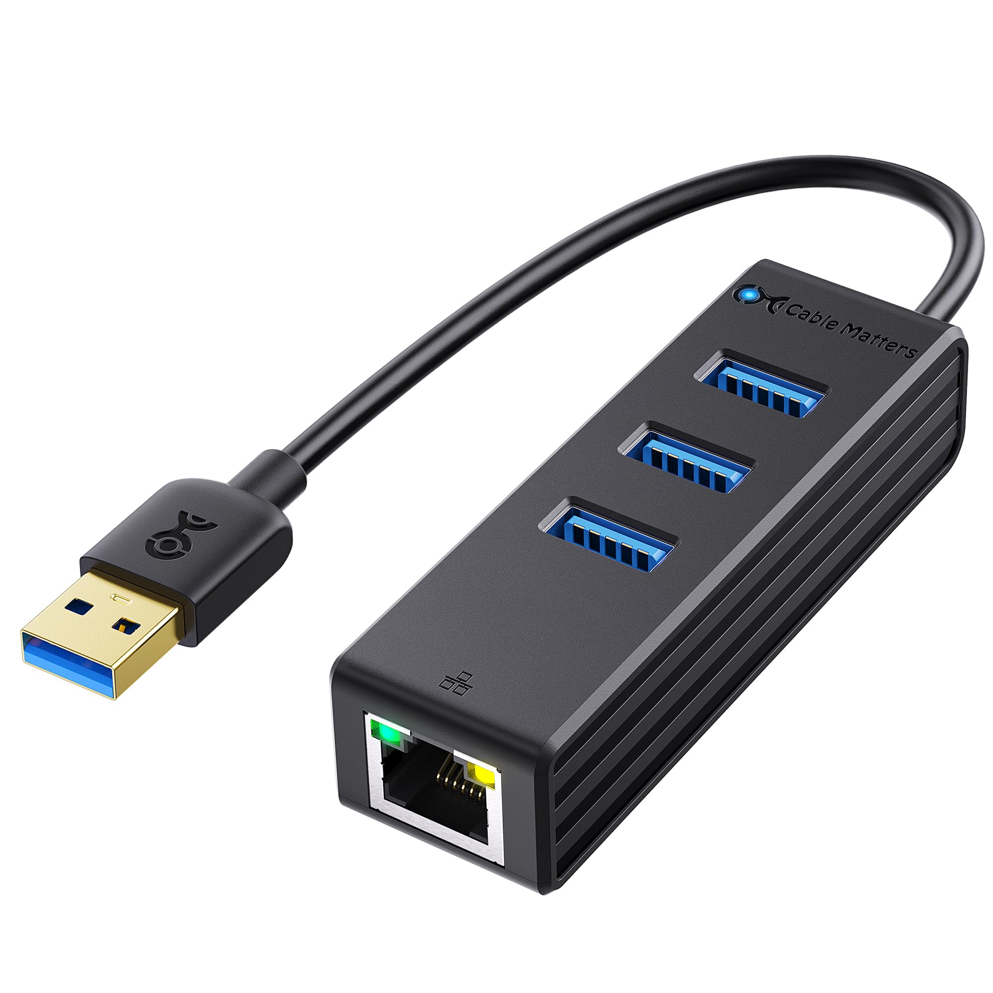 Cable Matters 4-in-1 USB Hub with Ethernet, Support Gigabit Ethernet (USB 3.0 Hub Ethernet, USB to Ethernet Adapter, Gigabit Ethernet USB Hub, USB Ethernet Hub) with 10/100/1000Mbps Network in Black