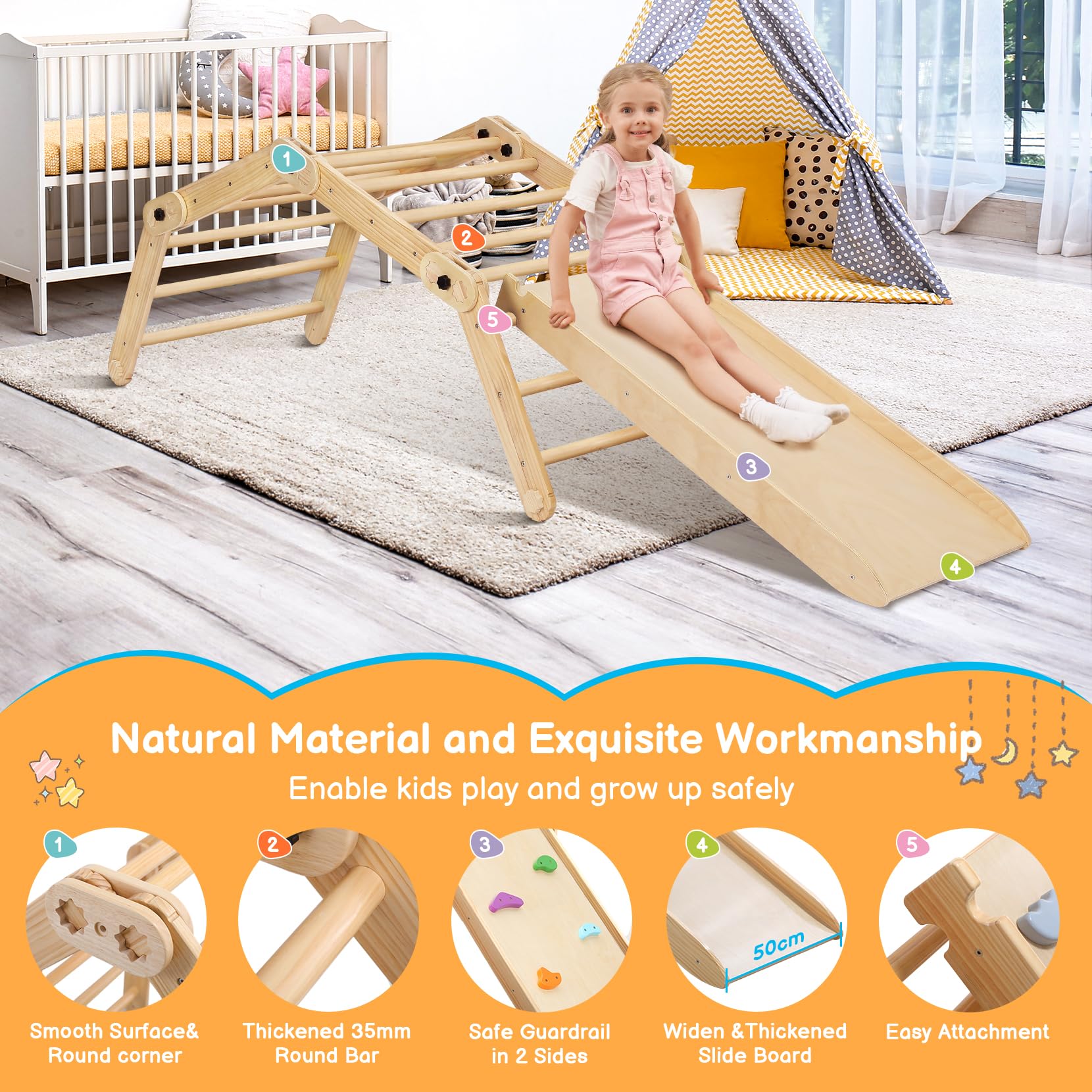 Dripex Pikler Triangle Set, X-Large Climbing Triangle with Reversible Ramp and More Than 20 Playing Modes, Premium Early Learning Montessori Climbing Toys for Toddler Kids