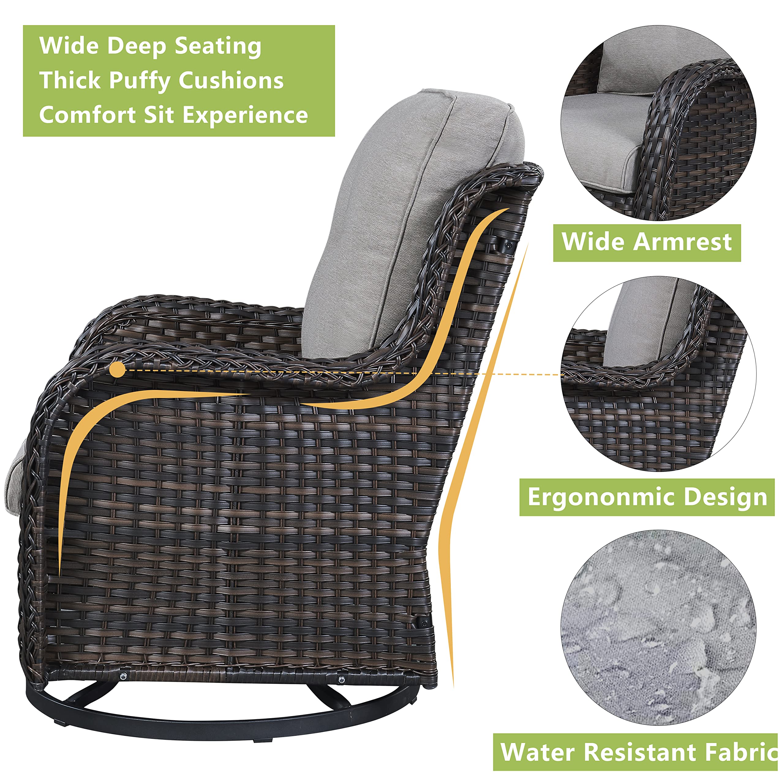 Rilyson Wicker Patio Furniture Set - 4 Piece Rattan Outdoor Patio Conversation Sets with 2 Swivel Rocking Chairs,2 Ottomans for Porch Deck Garden(Brown/Grey)