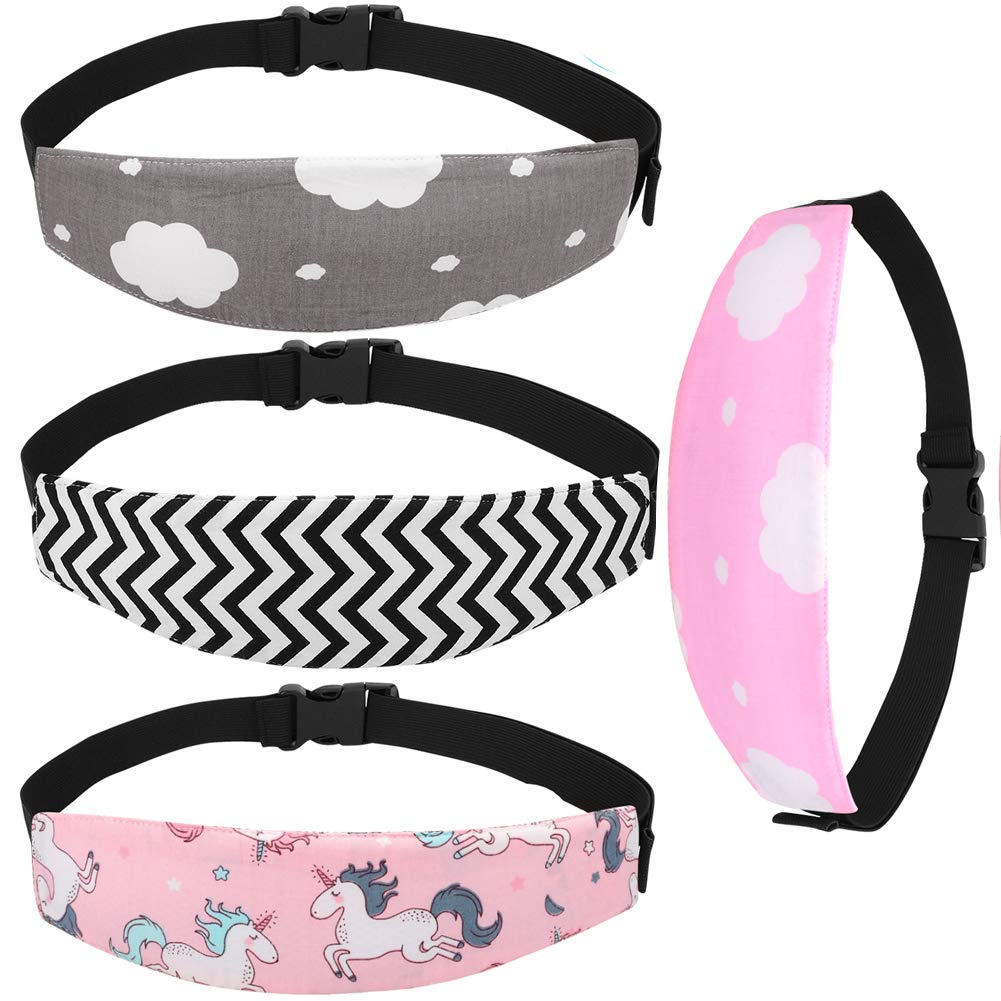 Accmor Baby Carseat Head Support Band Strap 4 Pack for Carseats Stroller Neck Relief Head Strap for Toddler Child Kids Infant(Black Wave + Pink Unicorn +Pink/Grey Cloud Pattern)