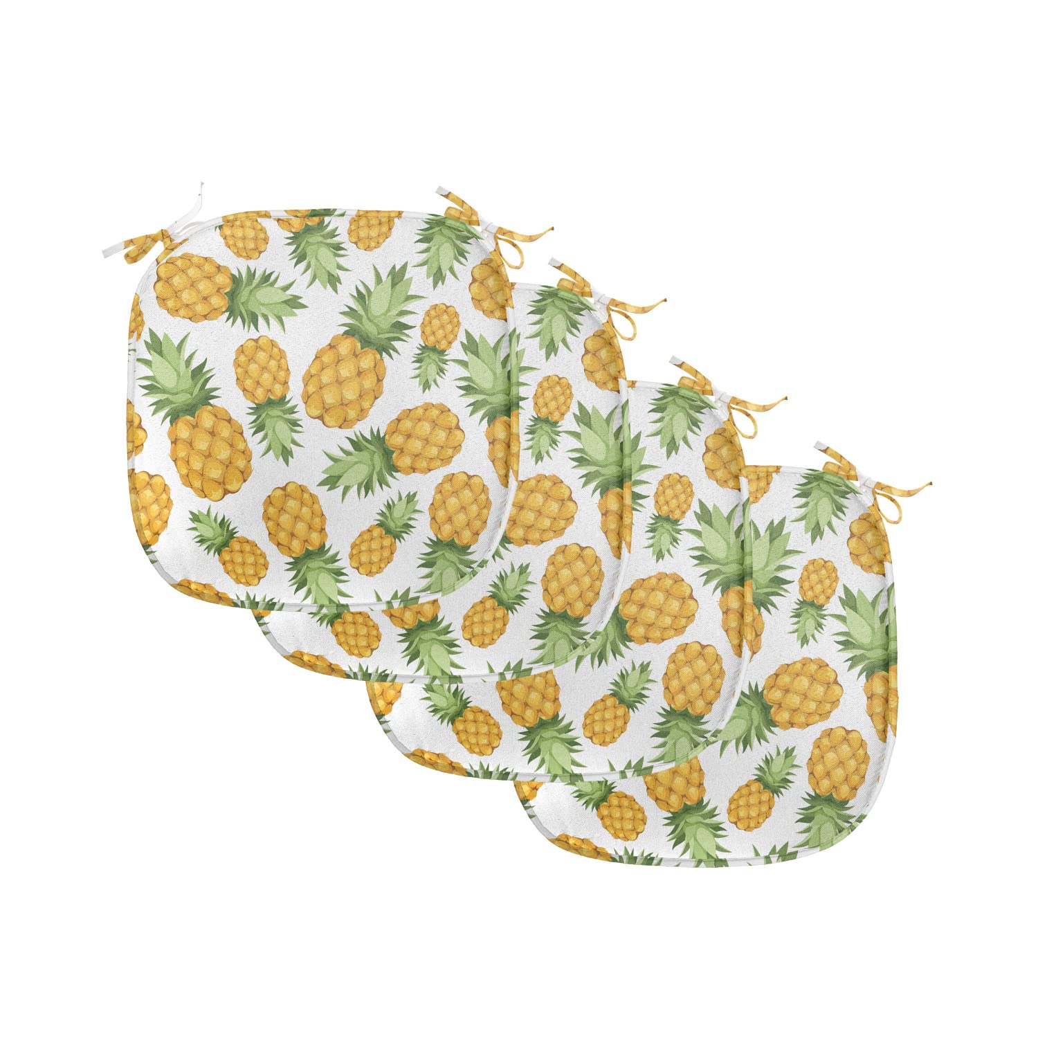 Ambesonne Yellow and White Chair Seating Cushion Set of 4, Pineapples Tropical Climate Fruits Ripe Juicy Food, Anti-Slip Seat Padding for Kitchen & Patio, 16"x16", Earth Yellow Green White