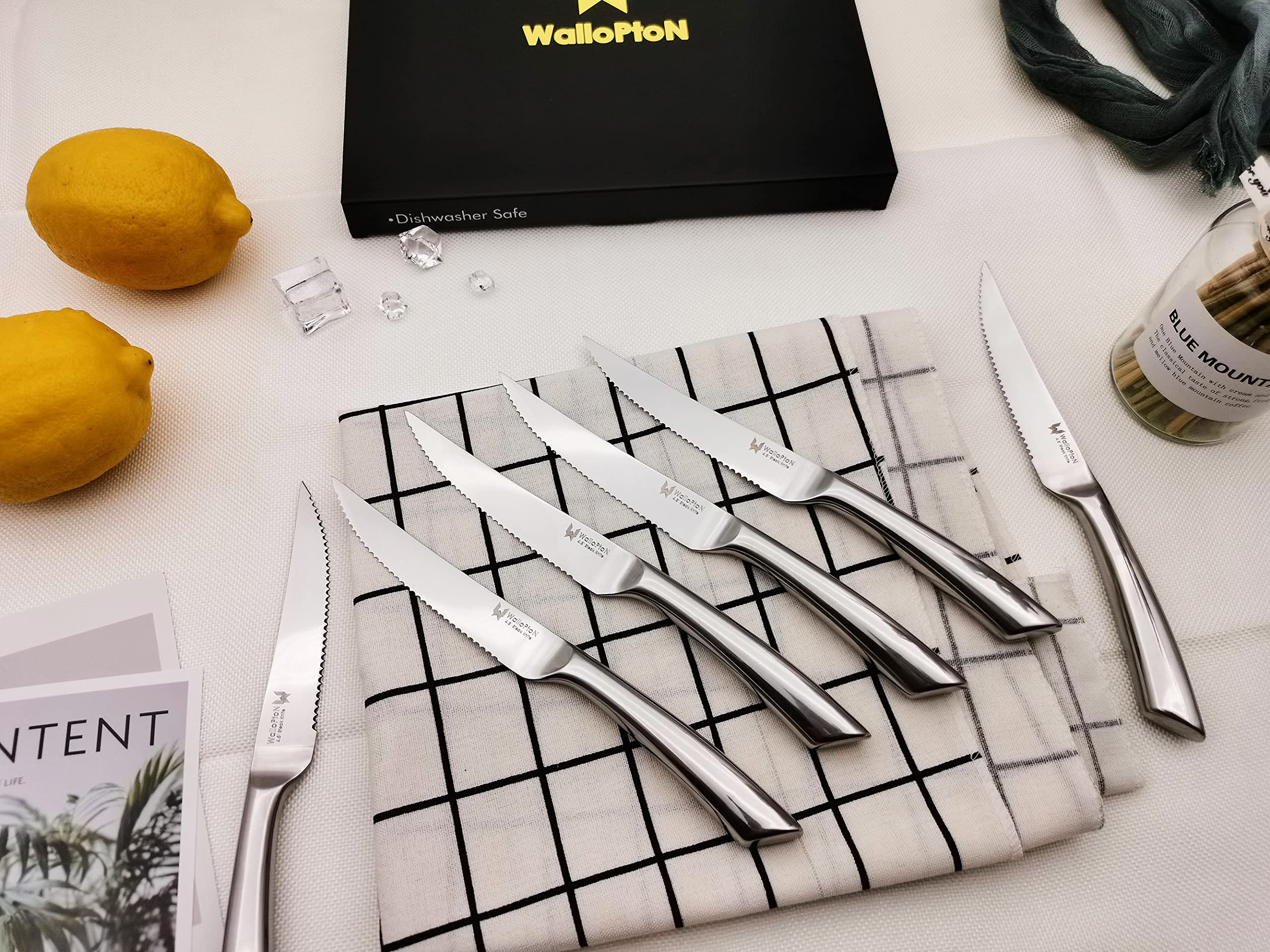 WALLOPTON Steak Knives Set of 8 - High Carbon Stainless Steel, Dishwasher Safe - Polished Blade & Handle, Straight Edge - 4.5'' Kitchen Dinner Table Knife Set Non Serrated
