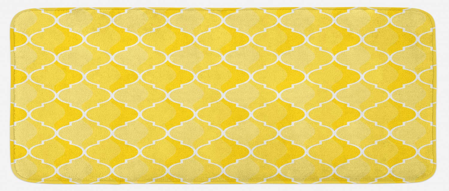 Ambesonne Yellow Kitchen Mat, Moroccan Trellis Pattern in Yellow Tones Vintage Eastern Pattern, Plush Decorative Kitchen Mat with Non Slip Backing, 47" X 19", Mustard Yellow White