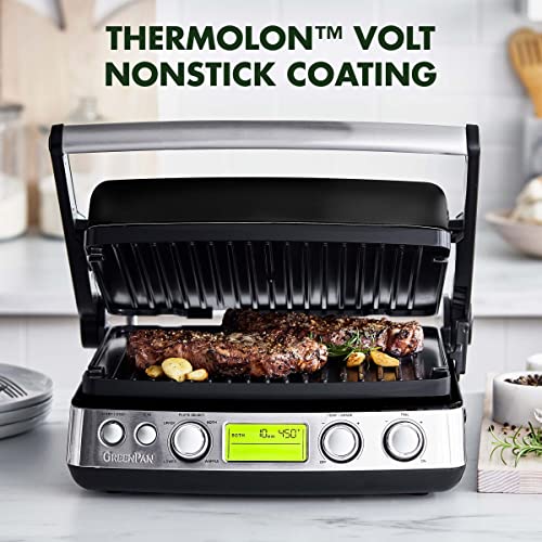 GreenPan Elite 7-in-1 Multi-Function Contact Grill & Griddle, Healthy Ceramic Nonstick Aluminum, Two Sets of Grill & Waffle Plates, Adjustable Shade & Shear, Closed Press/Open Flat Surface, Black