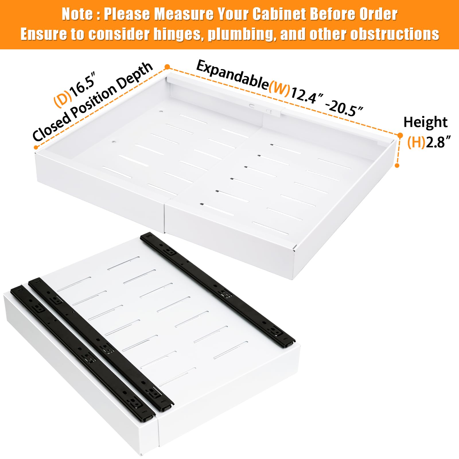 Pull Out Cabinet Organizer, Expandable(12.4"-20.5") Pull Out Drawers for Cabinets Slide Out Drawers for Kitchen Cabinets with Adhesive Nano Film Mounting Adjustable for Kitchen, Pantry (White)