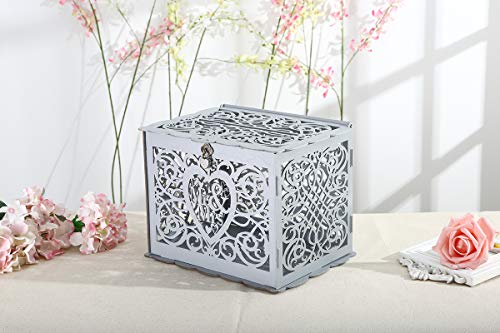 Mimacoo Wedding Money Box Holder with Sign, Large Rustic Wood Wooden DIY Envelop Gift Card Shadow Boxes with Lock Slot for Reception Anniversary (Silver)