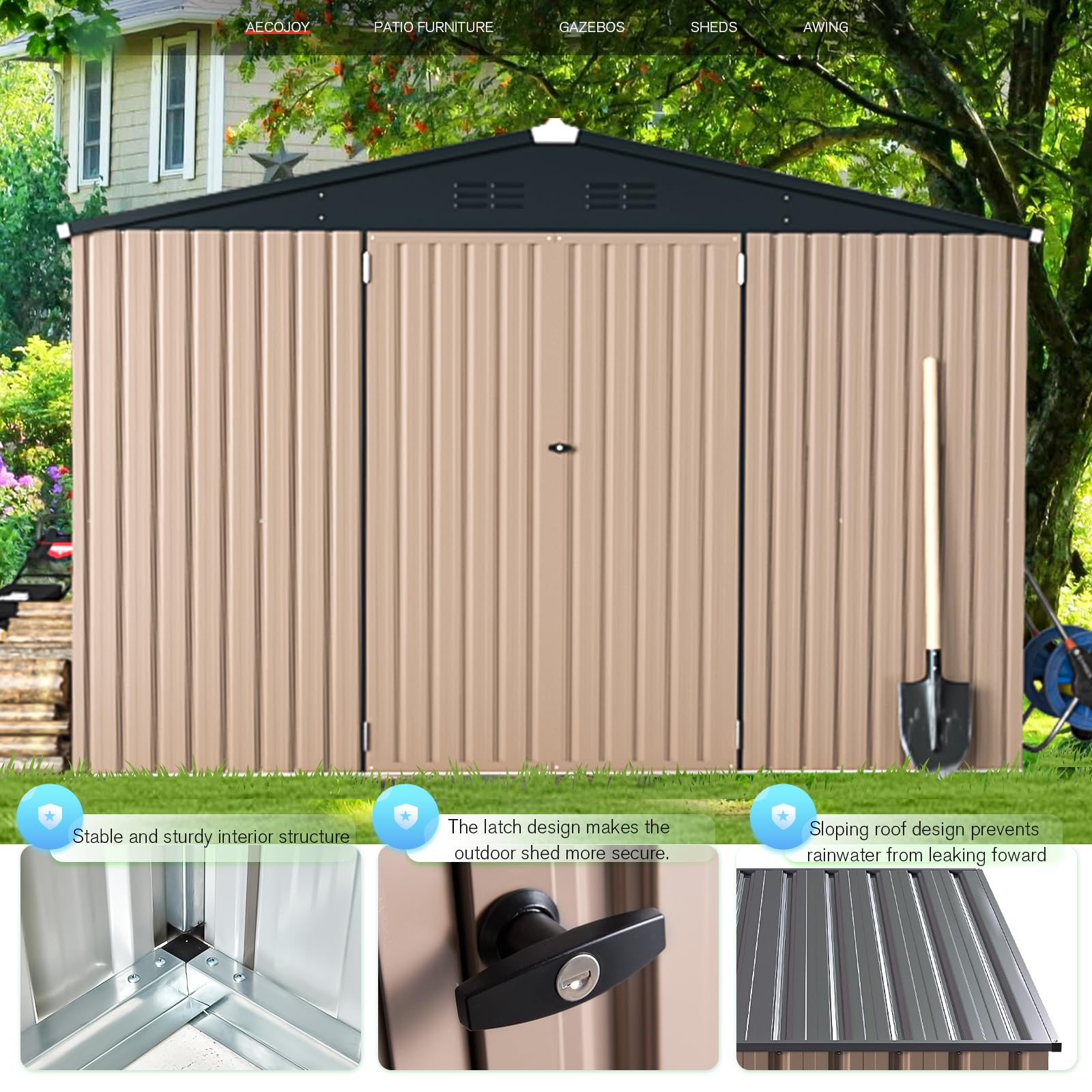 AECOJOY 9' x 10' Metal Storage Large Shed, Sheds & Outdoor Storage Clearance 9ft Sheds with Lockable Doors, Utility and Tool Storage Shed for Garden, Backyard, Patio, Outside use in Grey