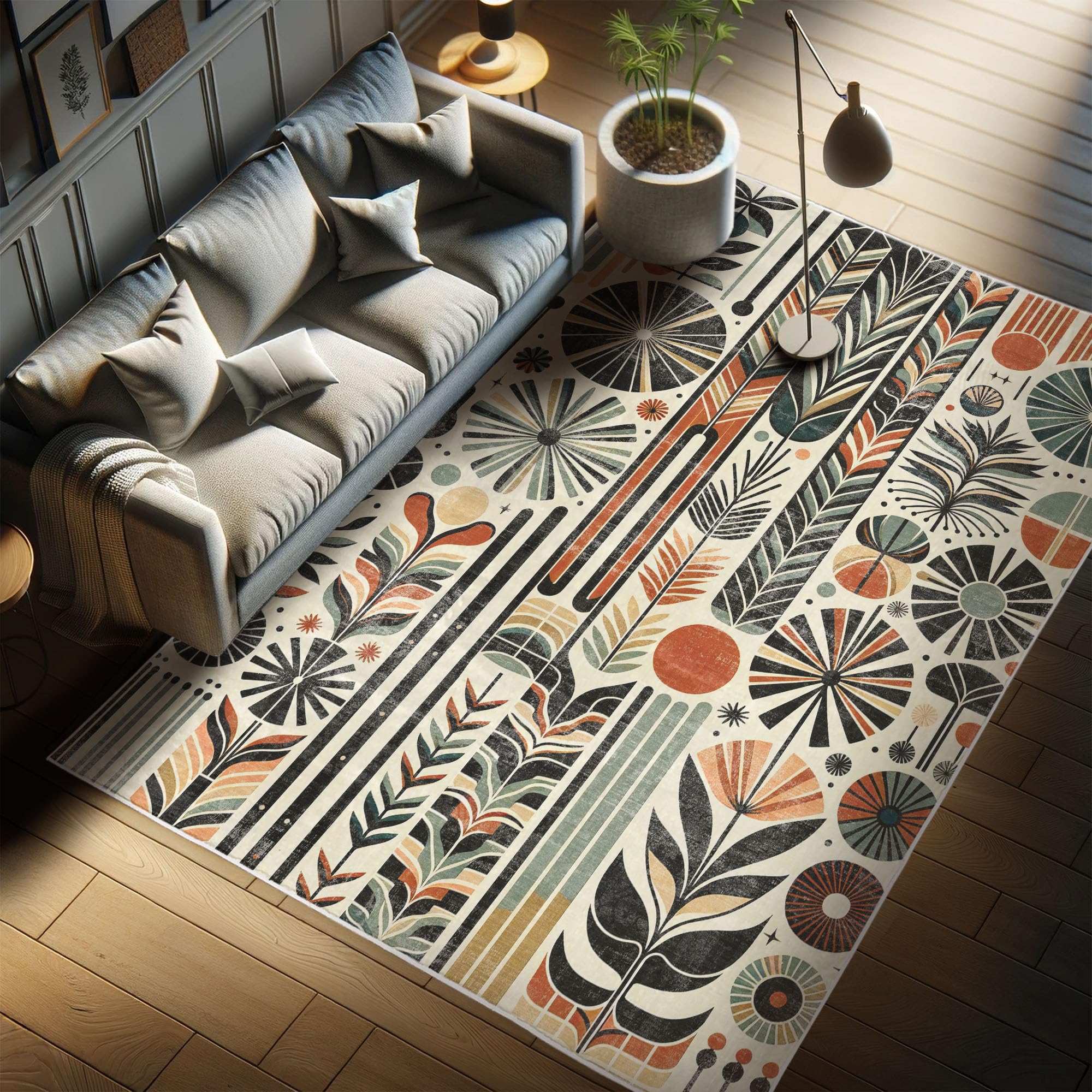 Ambesonne Bohemian Decorative Rug, Retro Mid Century Inspired Abstract Patterns on Ivory Background, Quality Carpet for Bedroom Dorm and Living Room, 4' X 5' 5", Dark Orange and Reseda Green
