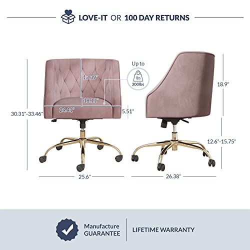 BELLEZE Modern Home Office Chair, Rolling Swivel Desk Chair, Upholstered Velvet Accent Chair, Stylish Comfy Vanity Chair, Adjustable Height - Braelynn (Pink)
