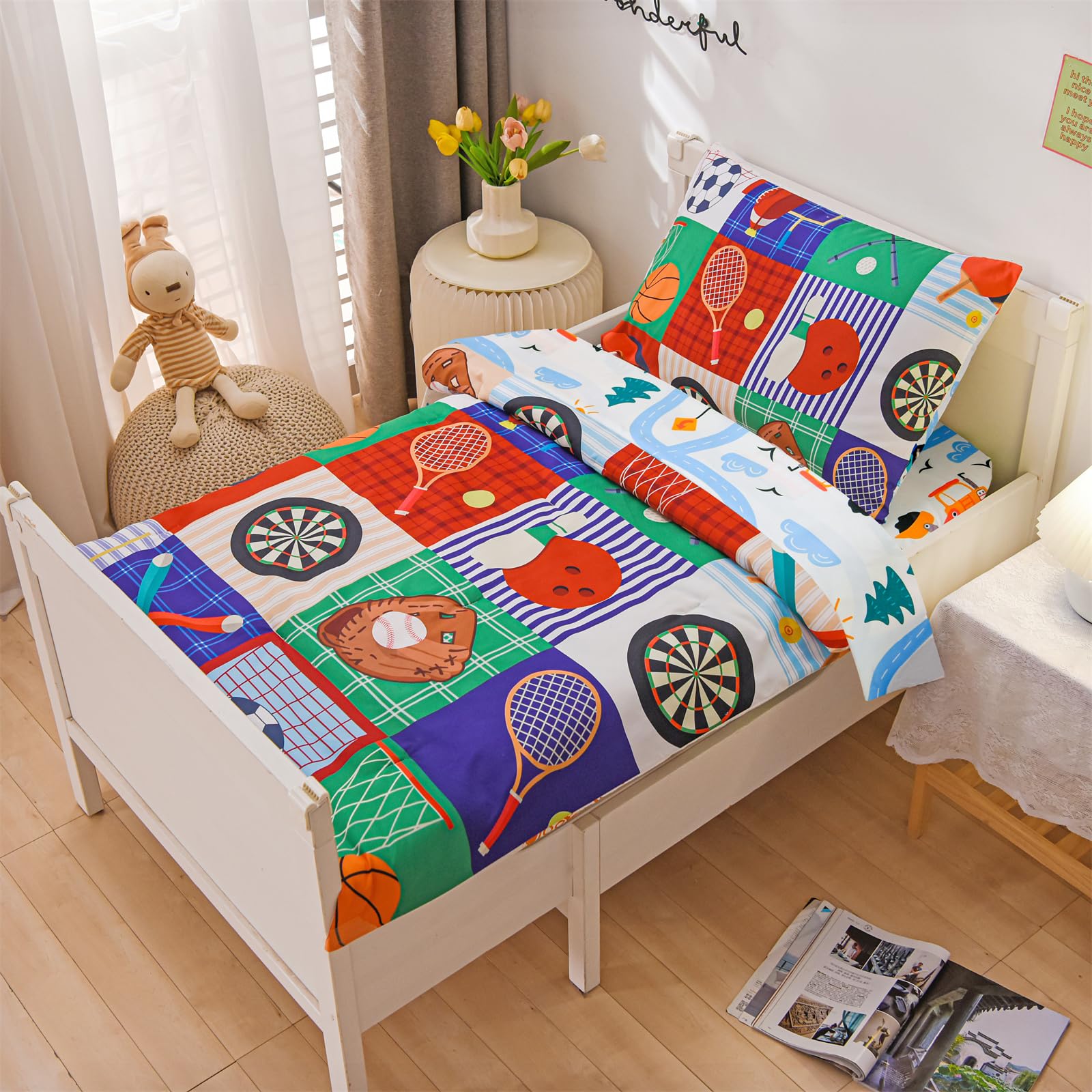 A Nice Night Sports Patchwork for Boys Basketball Baseball Gloves Racket Soccer Toddler Bedding Set,Includes Comforter, Flat Sheet, Fitted Sheet and Pillowcase,with Game Printed Lining