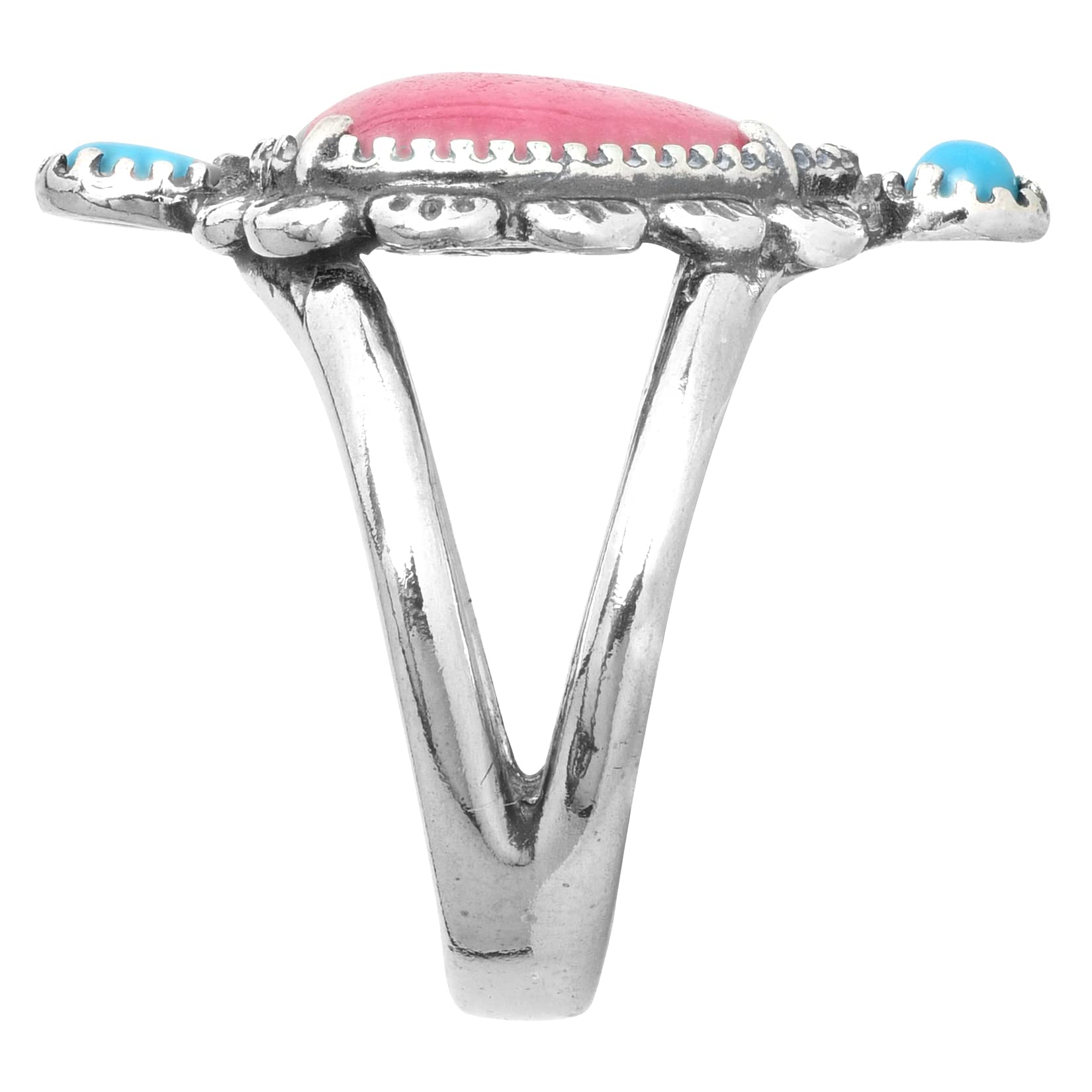 American West Sterling Silver Women's Ring Pink Rhodonite & Sleeping Beauty Turquoise Concha Heart Design Size 6