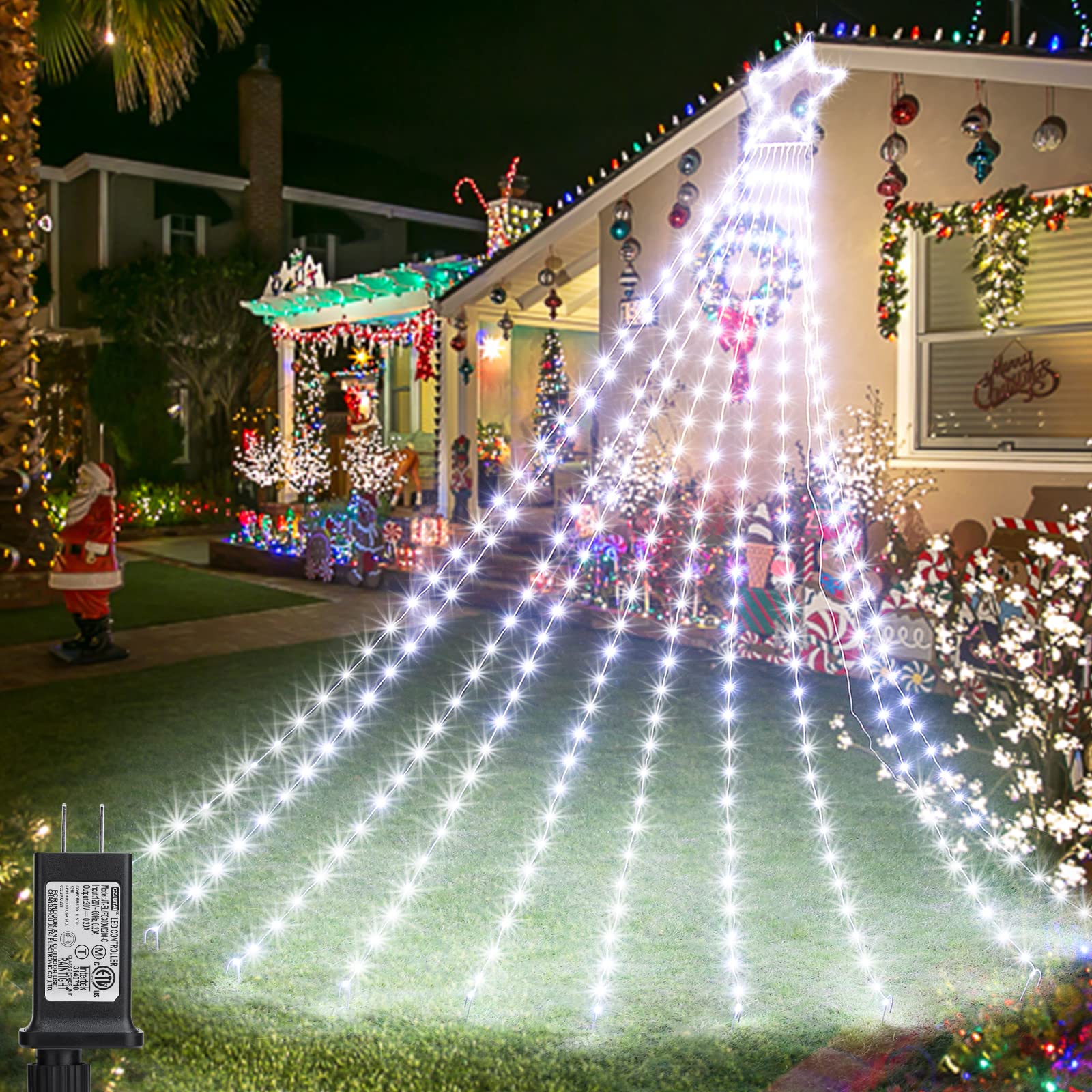 Flacchi White Star Holiday Lights 320 LED Waterfall Tree Lights with 11" Topper Star Christmas Lights 8 Modes Timer Waterproof Fairy Lights Indoor Outdoor Decorative for Patio Garden Wedding Decor