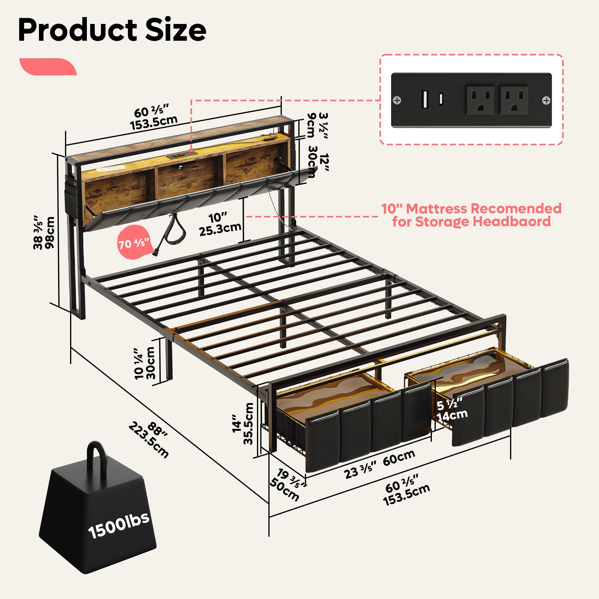 Bestier Queen Bed Frame with Hidden Storage Headboard, Black PU Leather Platform Bed with 2 Dustproof Drawers, 2 Tier Shelves with Charging Station, Dual LED Light, No Box Spring Needed, Easy Assembly