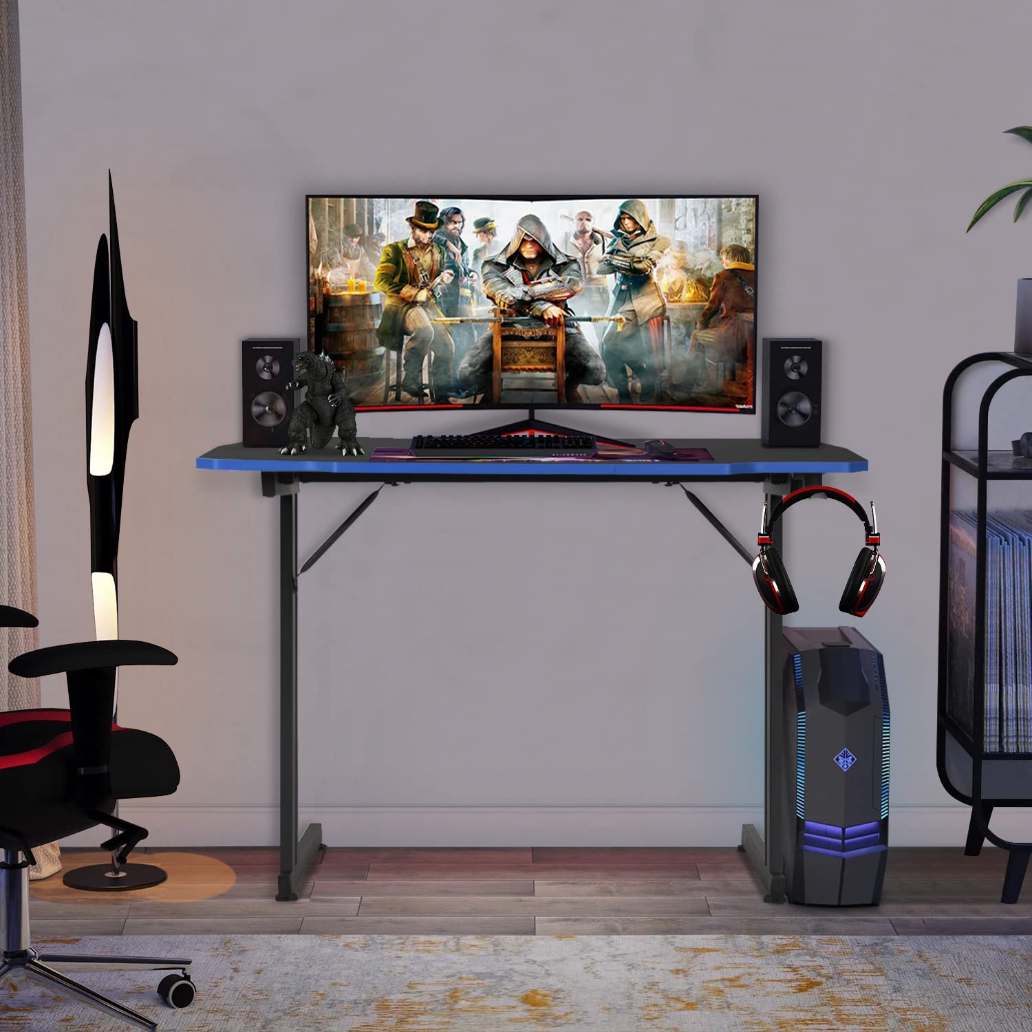 BestOffice Gmaing Desk Z Shaped 47 inch Gaming Workstation Ergonomic Gaming Table PC Computer Desk with Headphone Hook for Game Players, Blue